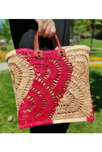 SulhBi Home Hasır Kırmızı Plaj Çantası Rafya