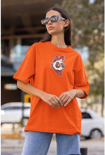 Oversize Gözlüklü Şapkalı Panda Baskılı Yeşil T-Shirt