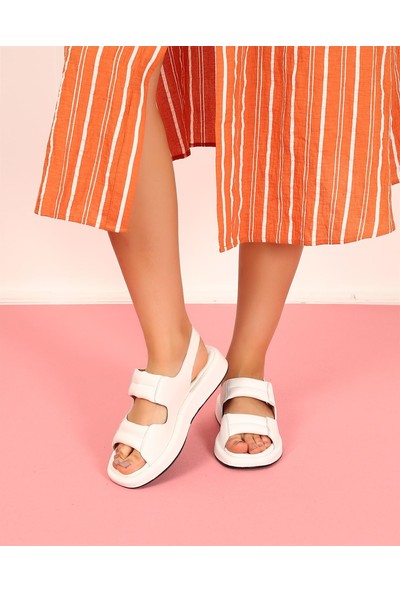 Cassido Shoes Hakiki Deri Ortopedik Taban Cırtlı Beyaz Kadın Sandalet