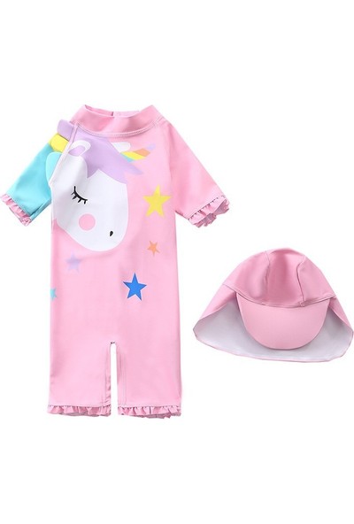 Lovehome Tek Parça Uzun Kollu Şapkalı Kız Çocuk Mayo - Pembe (Yurt Dışından)