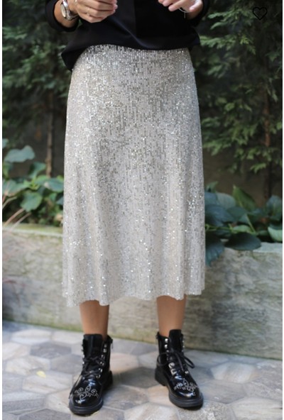 Casy's By Gossyp Gri Payetli Midi Etek