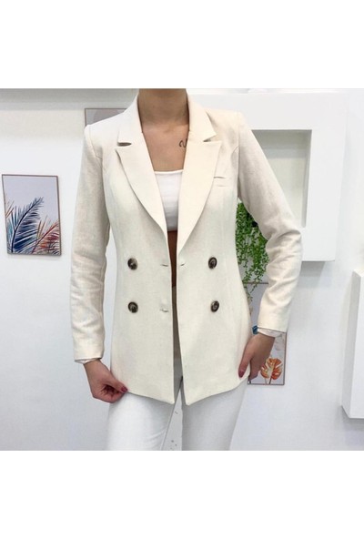 Beri Butik Keten Düğme Detaylı Ekru Blazer Ceket Beri Butik Keten Düğme Detaylı Ekru Blazer Ceket