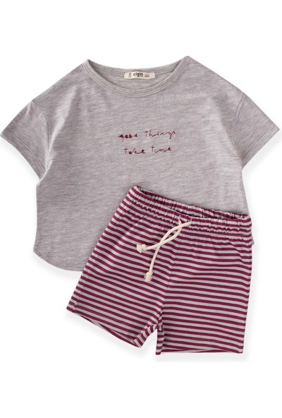 Çizgili Basıc Kaprili Takım 1-5 Yaş Gri Melanj