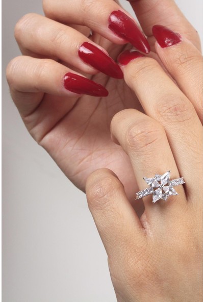 BIRINCI1926 925 Ayar Gümüş Kadın Çiçek Taşlı Yüzük