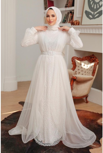 Neva Style Tesettürlü Abiye Elbise Pul Payet Işlemeli Beyaz Tesettür Abiye Elbise 56291B