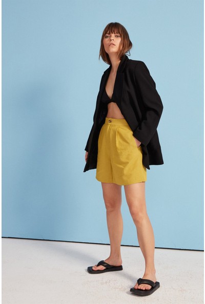 Yüksek Bel Bermuda Keten Şort Yağ Yeşili