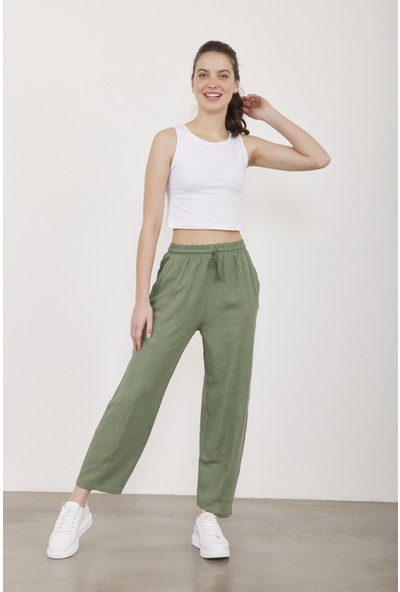 Çetinkaya Fithit Kadın Keten Haki Pantolon