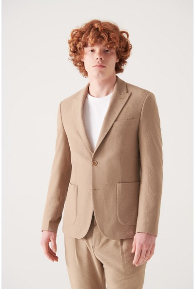 AVVA Mono Yaka Seersucker Slim Fit Kapaklı Cepli Ceket_bej