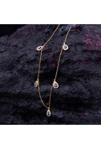 Vetesbih Zirkon Taşlı Damla Nazar Modelli Gümüş Kolye