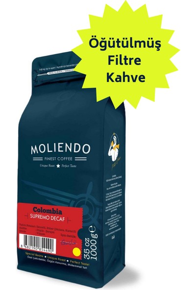 Moliendo Finest Coffee Colombia Supremo Decaf (Kafeinsiz) Yöresel Kahve (Öğütülmüş Filtre Kahve) 1 kg
