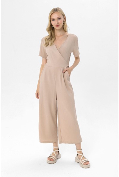 Kadın Kruvaze Yaka Kuşaklı Örme Tulum