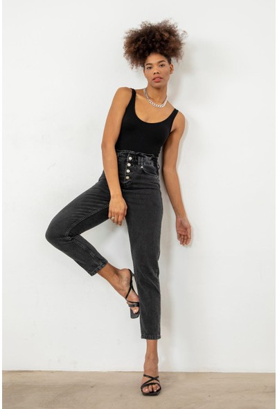 Düğmeli Mom Jean Pantolon-Siyah