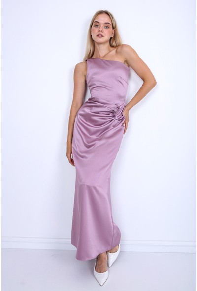 Vitrin Tek Omuz Saten Maxi Elbise