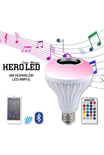 Hero Led 6 Watt Hoparlör LED Ampul - Bluetooth Kumandalı Music Ampul Hero Led 6 Watt Hoparlör LED Ampul - Bluetooth Kumandalı Music Ampul