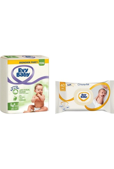 Evy Baby 4+ Numara Maxi Plus 9-16 kg Bebek Bezi 26'lı + Islak Havlu 40'lı Evy Baby 4+ Numara Maxi Plus 9-16 kg Bebek Bezi 26'lı + Islak Havlu 40'lı