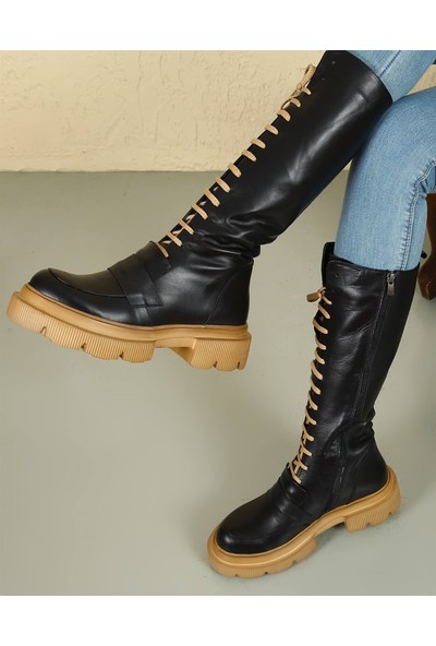Hakiki Deri Kahve Tabanlı Siyah Kadın Çizme Hakiki Deri Kahve Tabanlı Siyah Kadın Çizme