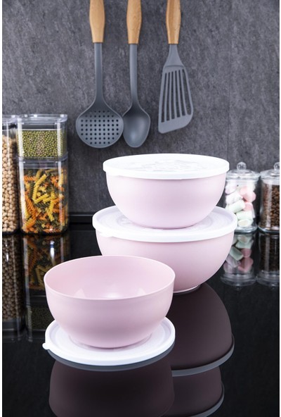 Doreline Kapaklı Saklama Kabı 3 Lü Set Pambe Yuvarlak Kapaklı Kase