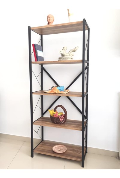 Ekomob Dekoratif 5 Raflı Metal Kitaplık Ceviz