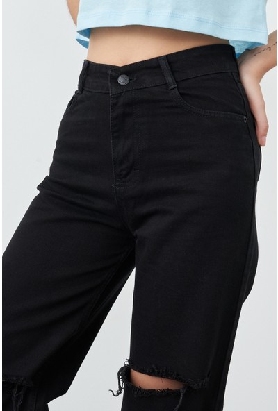 Blue Turtle Kadın Yırtık Palazzo Bol Paca Siyah Pantolon Denim Blue Turtle Kadın Yırtık Palazzo Bol Paca Siyah Pantolon Denim