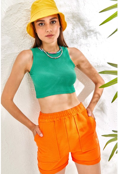 Kadın Sıfır Kol Kaşkorse Crop Bluz