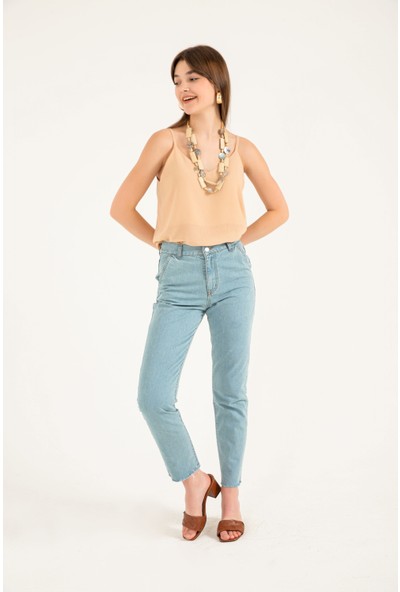 Lovanorve Şili Şifon Aerobin Kumaş Ip Askılı Kısa Boy Kadın Bluz-Bej