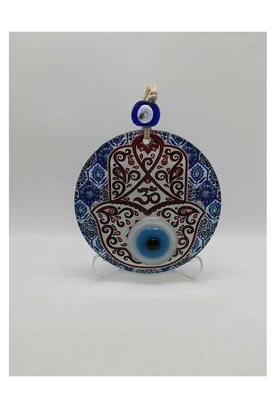 Denizin_ufku.nazarlıklı Mavi-Kırmızı Fatma Ana Eli Desenli El Yapımı Cam Duvar Süsü 12X12CM