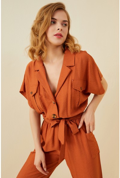 Kiremit Beli Lastikli Cep Dedaylı Kuşaklı Tulum Kiremit Beli Lastikli Cep Dedaylı Kuşaklı Tulum