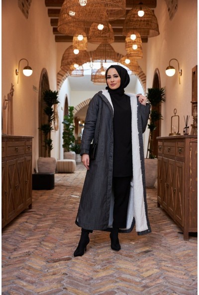 Neways Içi Peluşlu Kapşonlu Uzun Kap Gri Neways 6329