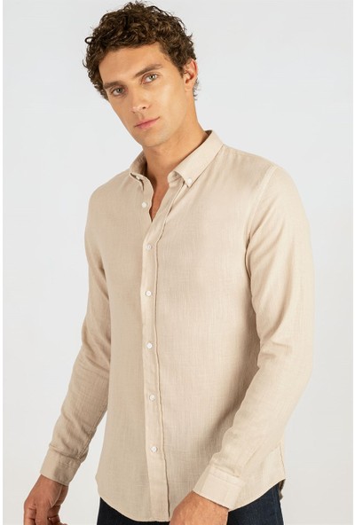 Tudors Slim Fit Flam Pamuk Keten Biyeli Erkek Spor Gömlek