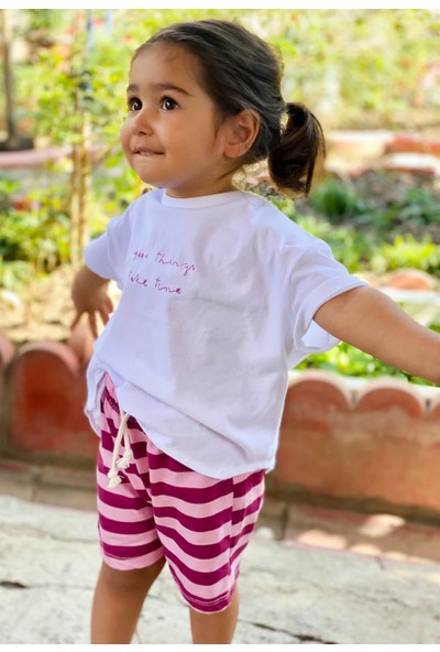 Çizgili Basıc Kaprili Takım 1-5 Yaş Beyaz