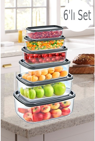6'lı Set Dikdörtgen Saklama Kabı Seti Şeffaf Gri