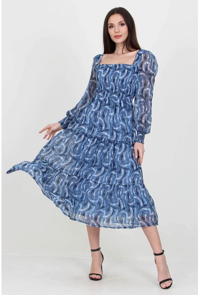 Neşeli Butik Kadın Indigo Desenli Kare Yaka Gipeli Şifon Elbise NB100361