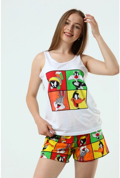 Baks Store Kadın Oranj Mickey & Bugs Bunny Baskılı Kadın Atlet Şort Takımı