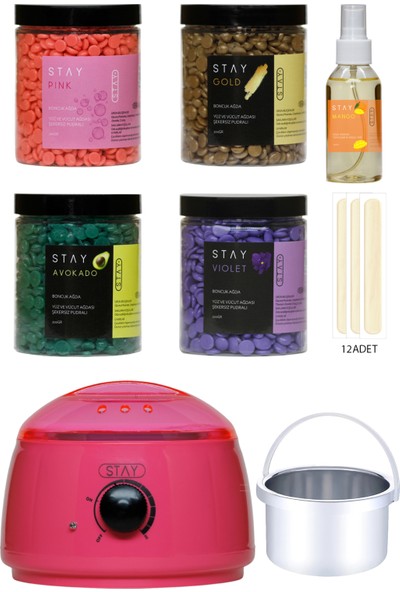 Stay Soyulabilen Boncuk Ağda Seti 4 Kutu Renkli Bezsiz Ağda + 800ML Ağda Makinesi + Masaj Yağı + Steril Spatula Stay Soyulabilen Boncuk Ağda Seti 4 Kutu Renkli Bezsiz Ağda + 800ML Ağda Makinesi + Masaj Yağı + Steril Spatula