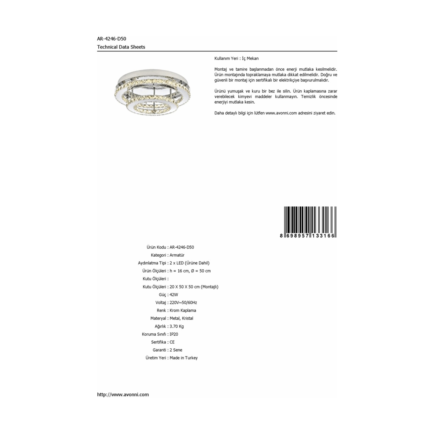 Avonni AR-60077-D50 Krom Kaplama Armatür Fiyatı