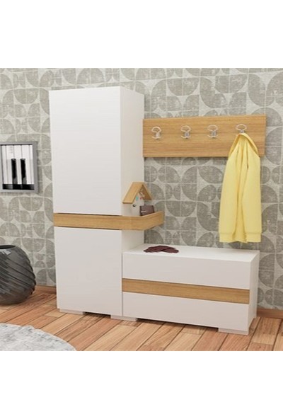 BMdekor Portmanto Ayakkabılık Vestiyer Rustik Beyaz Teak