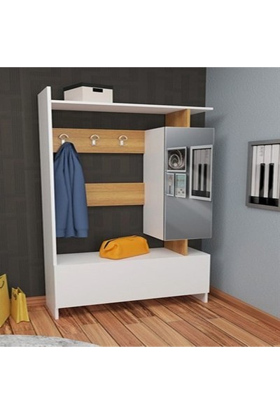 BMdekor Portmanto Ayakkabılık Vestiyer Kale Aynalı Beyaz Teak