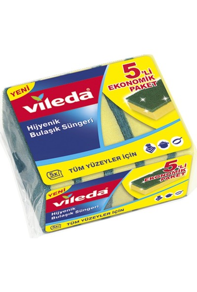Vileda Düz Hijyenik Bulaşık Süngeri, 5'li Ekonomik Paket, Yeşil