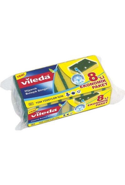 Vileda Düz Hijyenik Bulaşık Süngeri, 8'li Ekonomik Paket