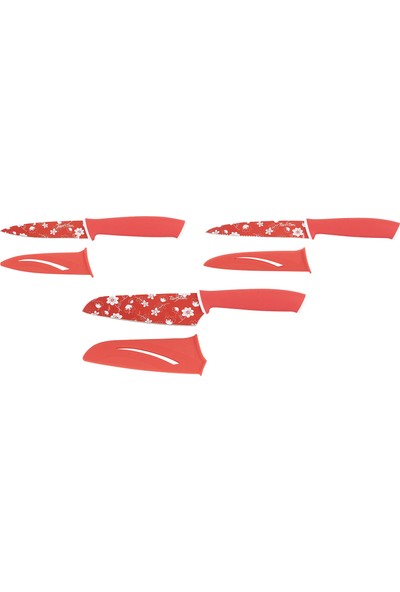 Tantitoni 3lü Kırmızı Çiçek Desenli Kılıflı Bıçak Seti
