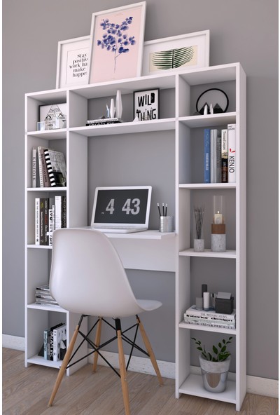 Platinreyon Çift Kitaplıklı Çalışma Masası Beyaz 180 cm Yükseklik