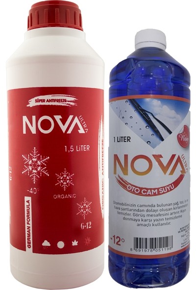 Nova Ultra -40 Derece Organik Kırmızı Antifriz 1.5Lt +Cam Suyu Nova Ultra -40 Derece Organik Kırmızı Antifriz 1.5Lt +Cam Suyu