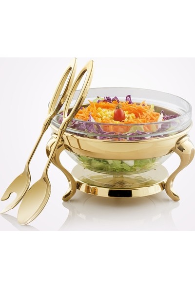 Lux Home Salata Servis Kasesi Cam Çelik 2 Sunum Kaşıklı