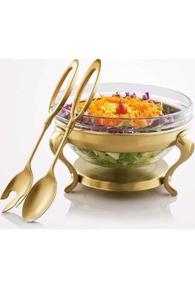 Lux Home Salata Servisi Kasesi Cam Çelik 2 Sunum Kaşıklı