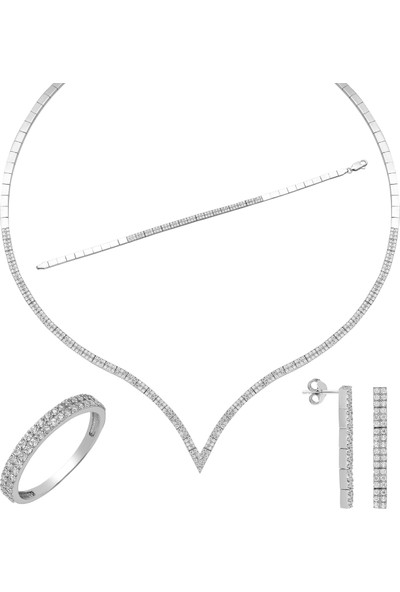 Chavin Çift Sıra Su Yolu Gümüş Kolye Küpe Bileklik Yüzük Set Dz28