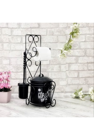 Tuvalet Kağıdı Askısı Tuvalet Fırçası Ve Çöp Kovası Seti - Siyah
