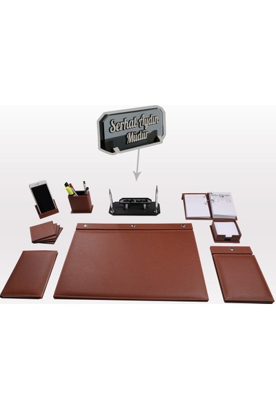 Ofistike Lüks Taba 9 Parça Düğmeli Sümen Takımı - Kabartma Masa İsimlik