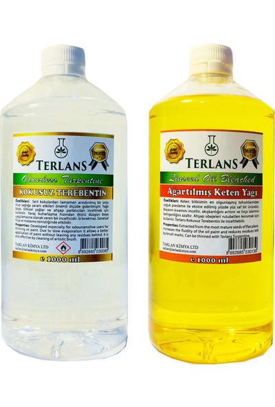 Terlans Kokusuz Terebentin Ve Resim Yağı (Keten Yağı) 2 X 1000 Ml Odourless Turpentine & Linseed Oil Bleached Terlans Kokusuz Terebentin Ve Resim Yağı (Keten Yağı) 2 X 1000 Ml Odourless Turpentine & Linseed Oil Bleached