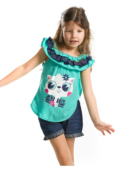 Denokids Fırfır Denim Şort Takım