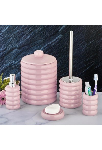 Rooz 5'li Çöp Kovalı Pembe Renk Seramik Banyo Seti Rooz 5'li Çöp Kovalı Pembe Renk Seramik Banyo Seti
